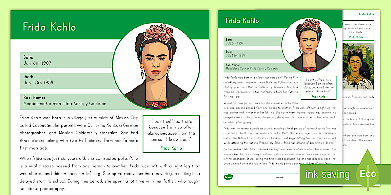 Frida Kahlo Fact File - Twinkl USA Resources - Twinkl
