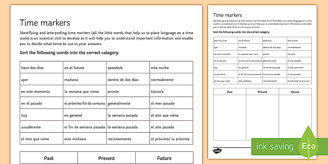 Identifying & Interpreting Spanish Time Markers Worksheet / Worksheet