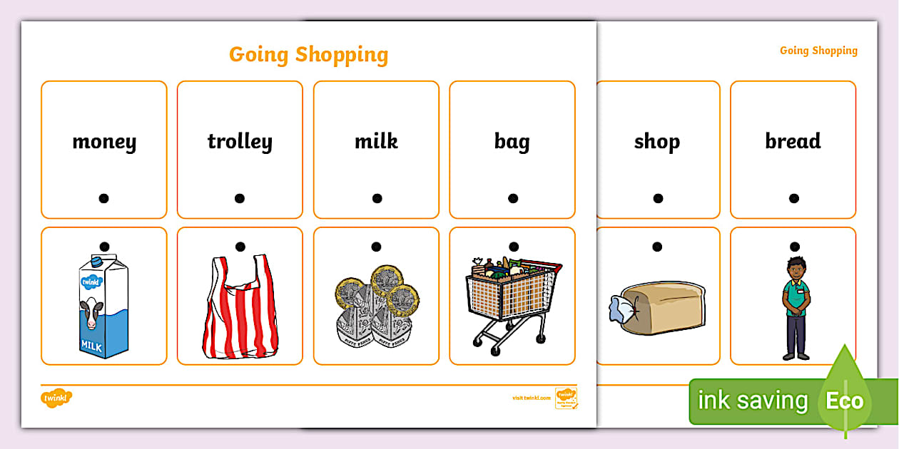 Shopping Thread Matching Activity, Shopping Words - Twinkl