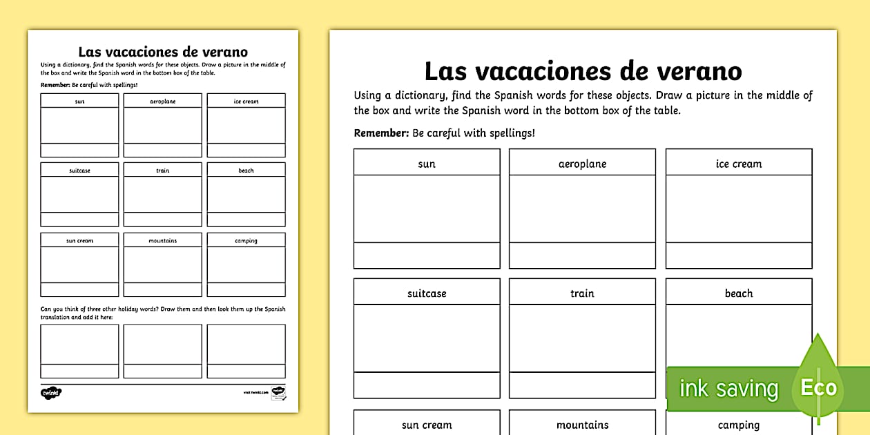 Spanish Holiday Words Dictionary Worksheet / Worksheet