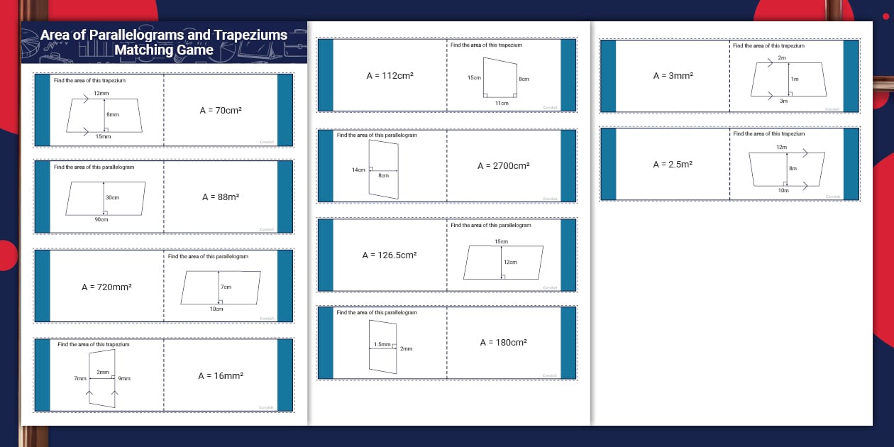 Area of Parallelograms and Trapeziums Matching Game - Twinkl