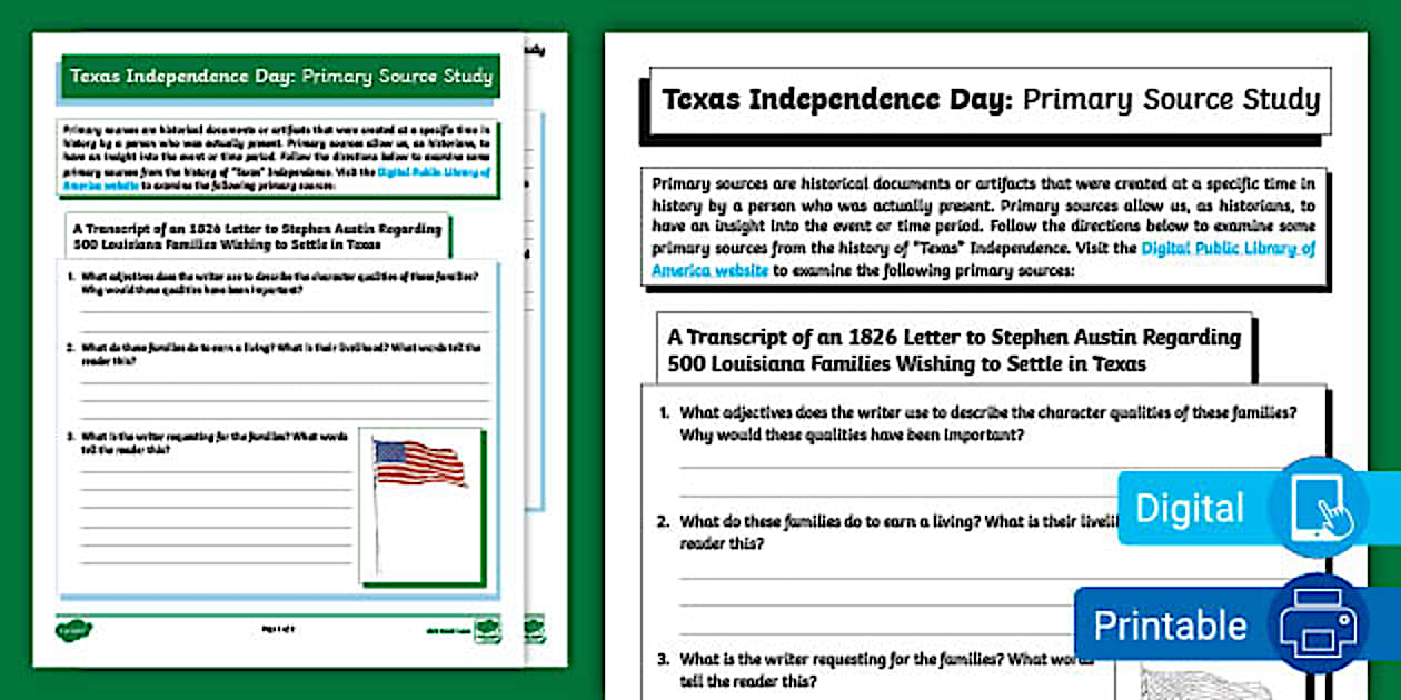 Texas Independence Day Primary Source Study (teacher made)