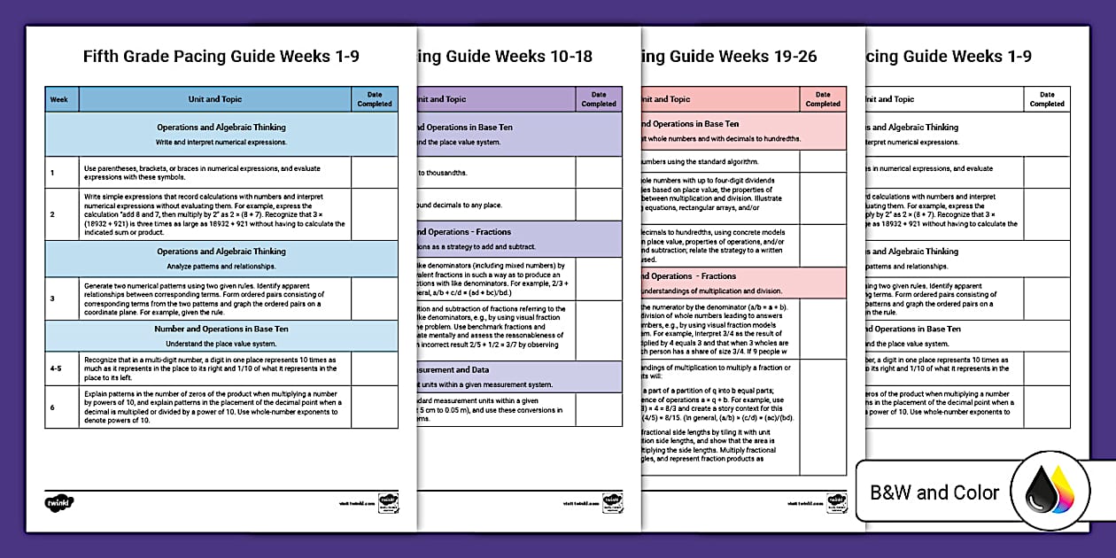Weekly Pacing Guide for Fifth Grade Math (teacher made)