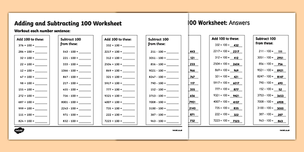 Adding and Subtracting 100 Math Worksheet (teacher made)