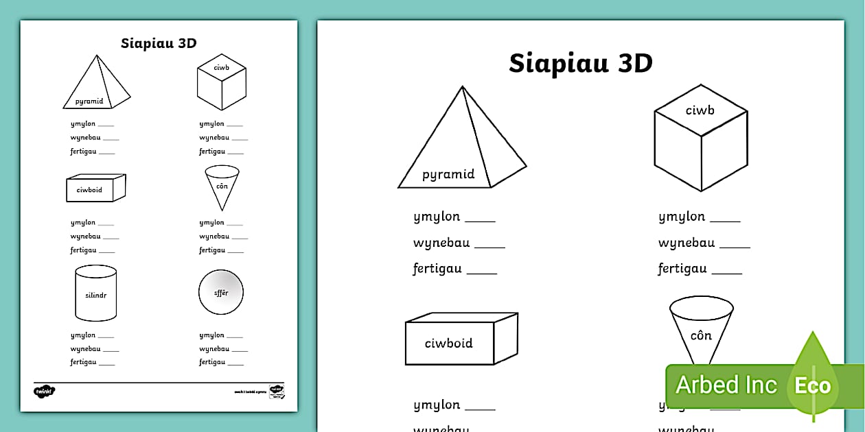 Taflenni Priodweddau Siapiau 3D Taflen Weithgaredd-siapiau, 3D, priodweddau,