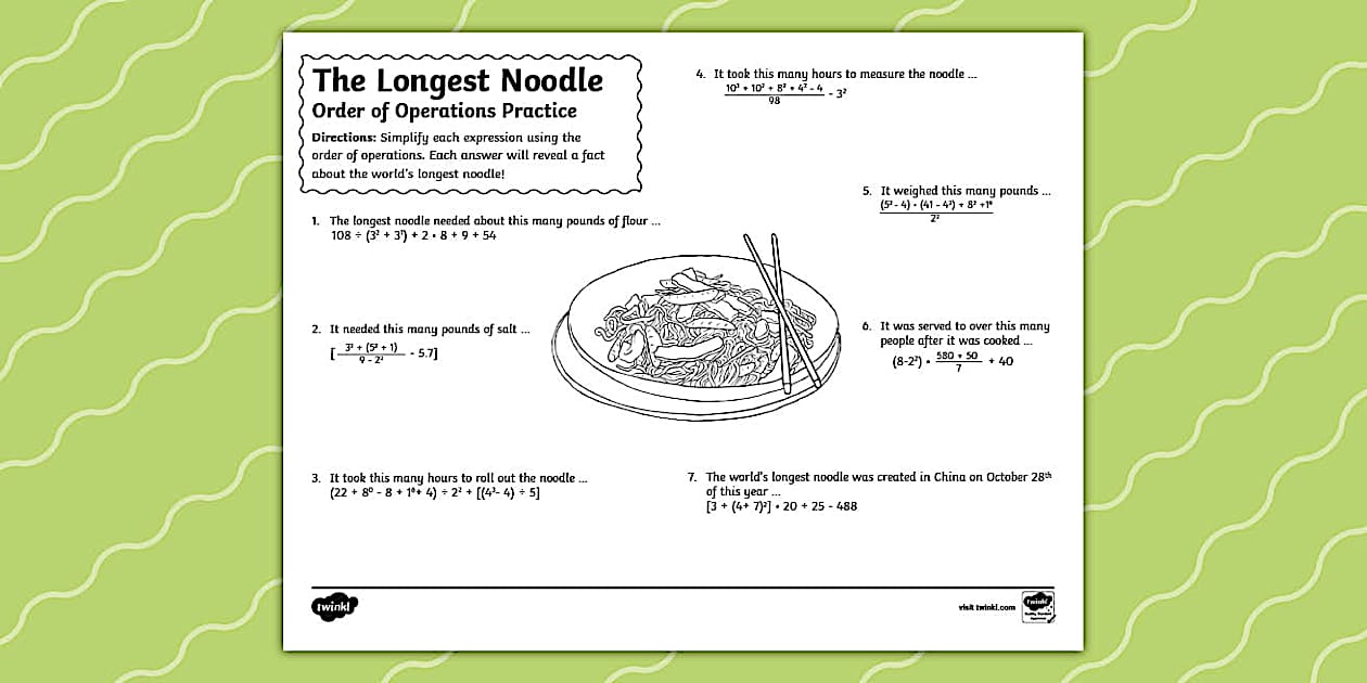 The Longest Noodle Order of Operations Practice for 6th-8th Grade