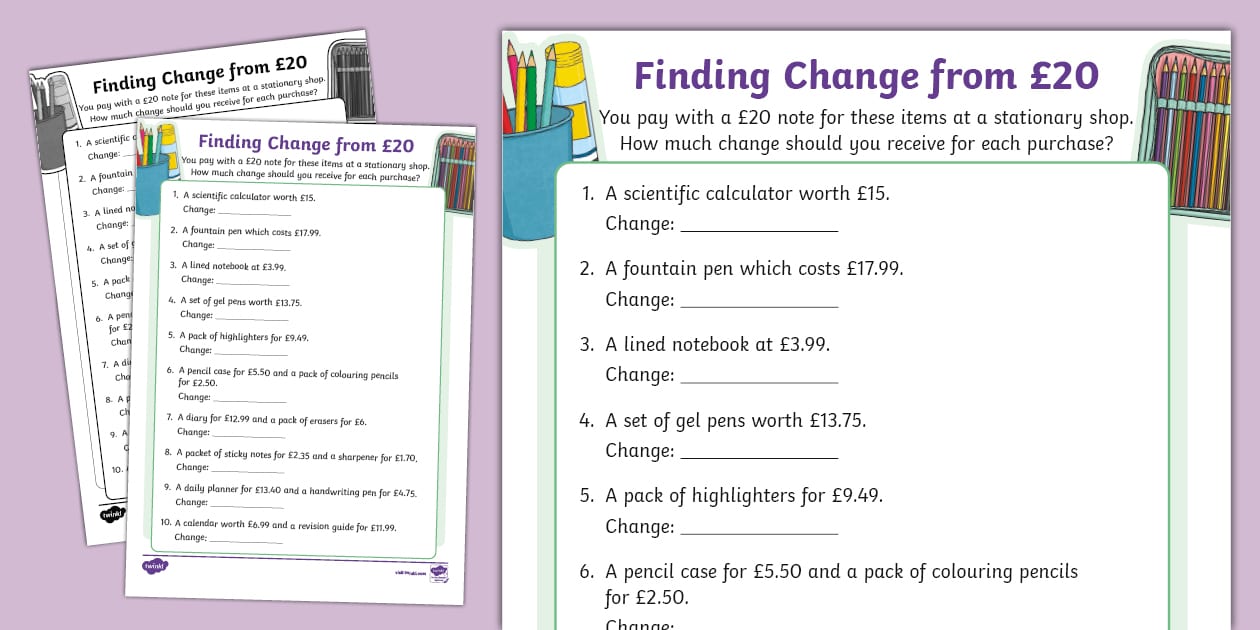 👉 Finding Change from £20 Maths Worksheet - Twinkl