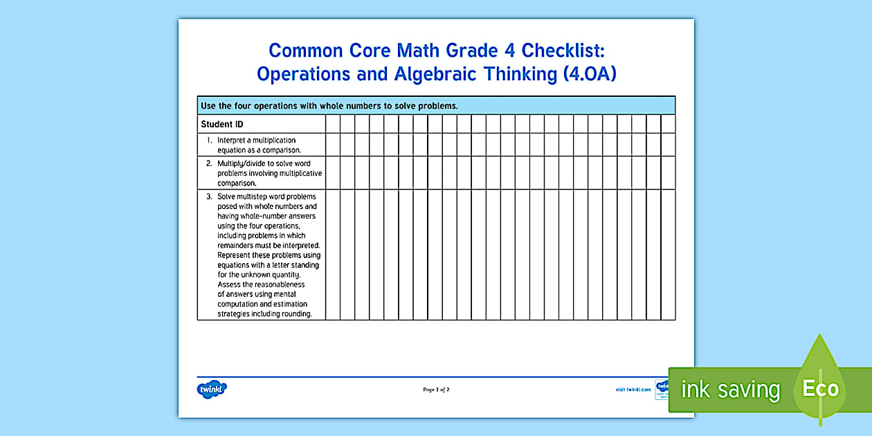 Common Core Math Fourth Grade Standards Student Checklist