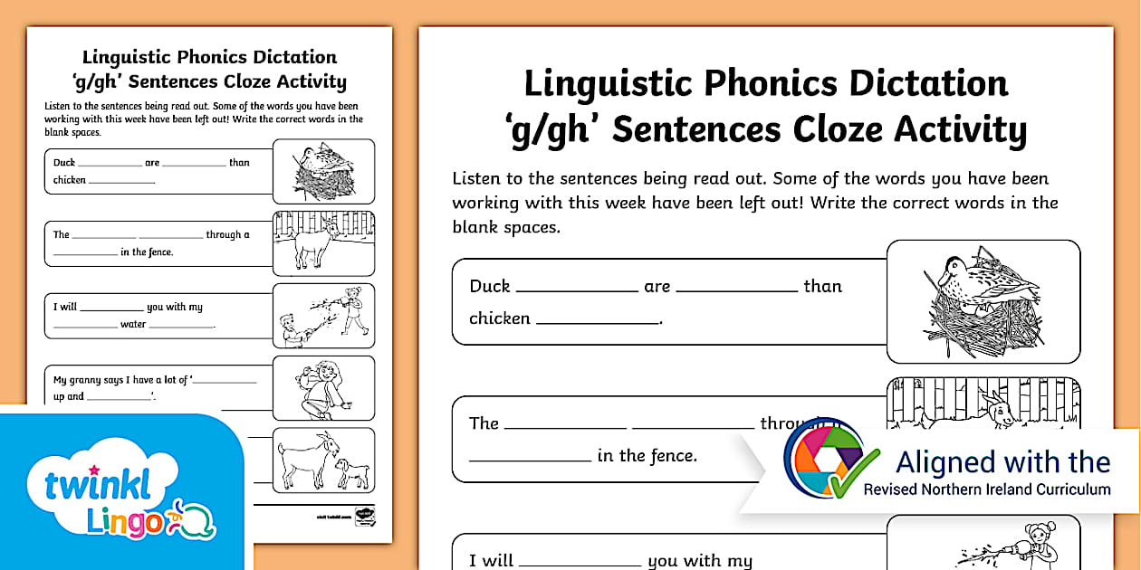 Linguistic Phonics Phase 2 'g/gh' Dictation Sentences Cloze