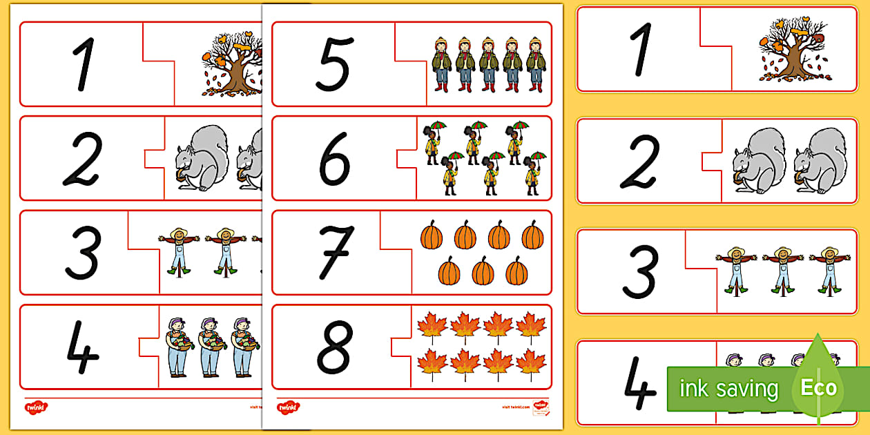 Herbst: Zahlen und Bilder 1 bis 10 Memory Karten - Twinkl
