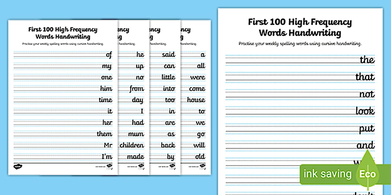 SA Left-Handed Handwriting: First 100 High Frequency Words Worksheets