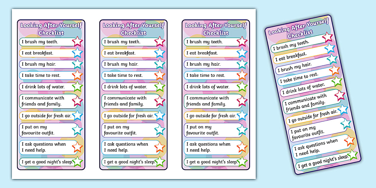 Looking After Yourself Bookmark Checklist (teacher made)