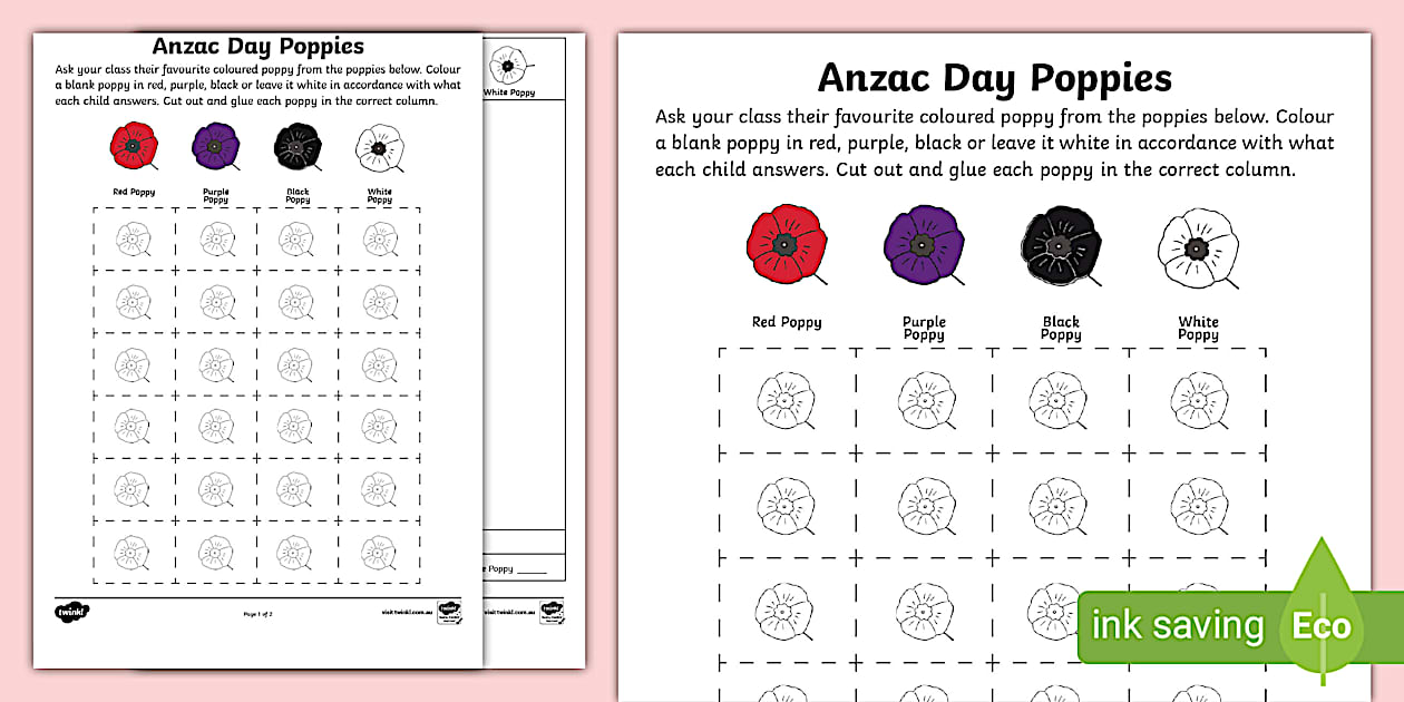 Favourite Anzac Day Poppies Data Worksheet - Year 1 Maths