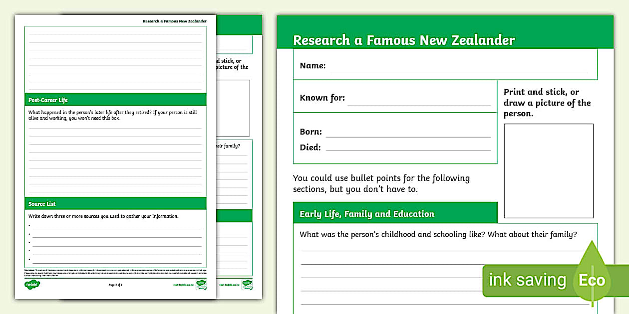 Year 5-8 Research a Famous New Zealander Template - Twinkl