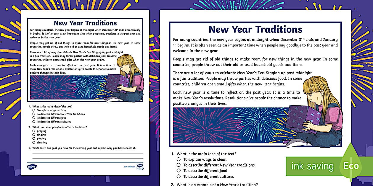Third Grade New Year Traditions Reading Passage Comprehension Worksheet