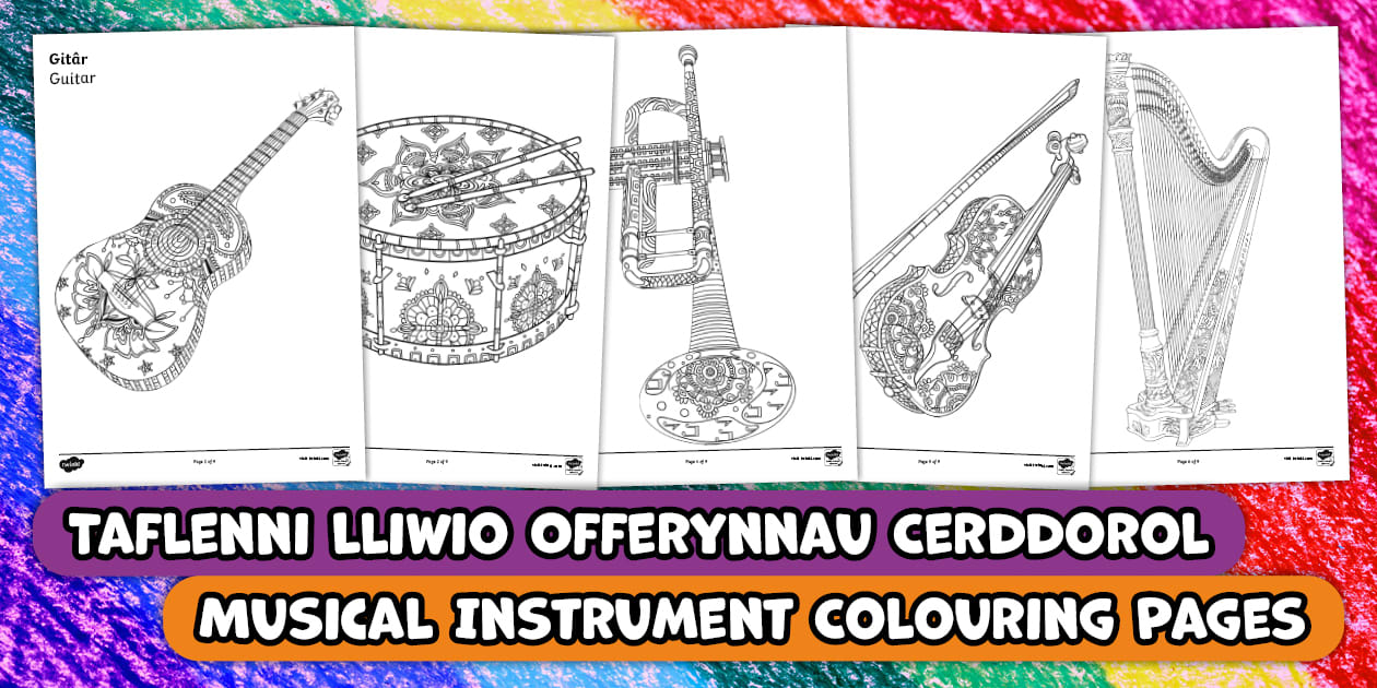 Taflenni Lliwio Offerynnau Cerddorol/Musical Instrument Colouring Pages