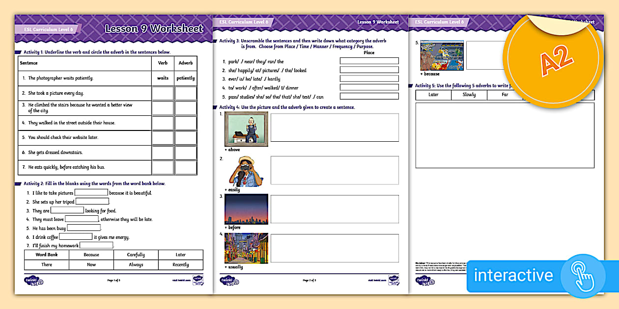 ESL Curriculum Level 6, Lesson 9 Interactive Worksheet