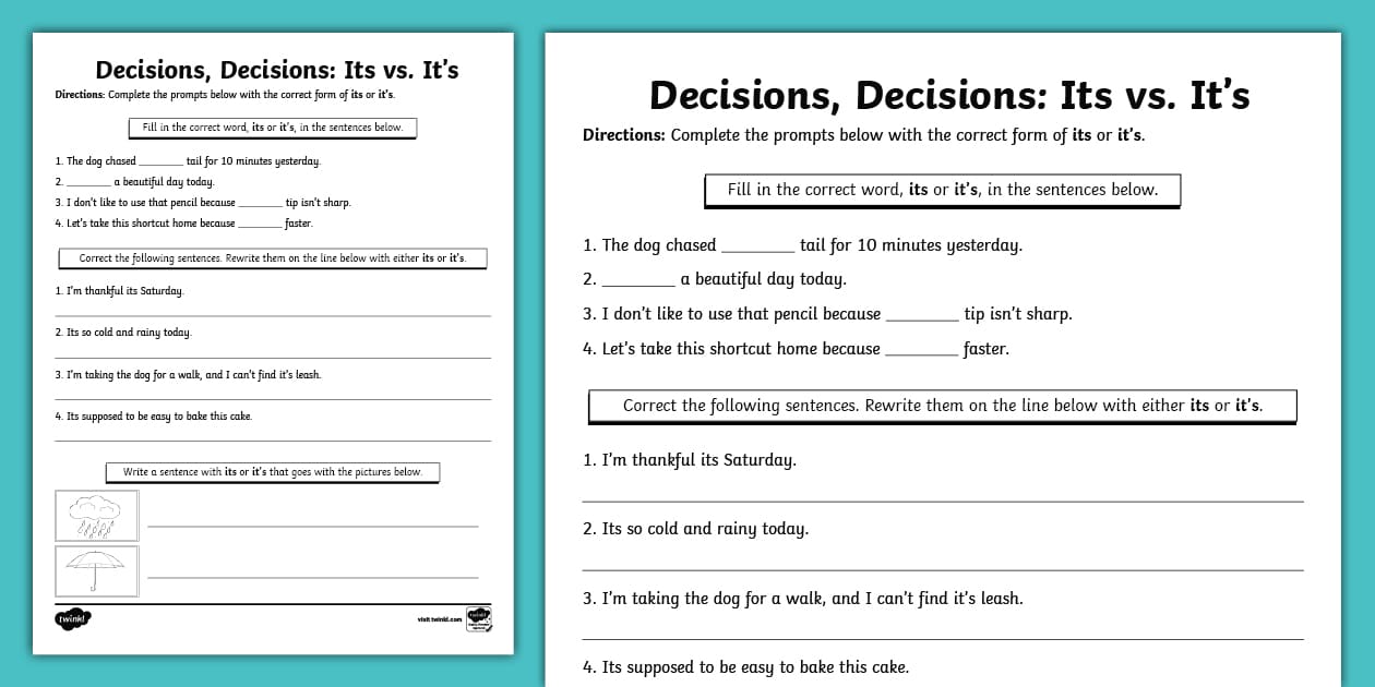 Its vs. It's Grammar Worksheet for 3rd-5th Grade