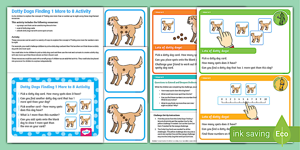 👉 Kindergarten Maths Finding 1 More to 8 Chilli Challenges: Dotty Dogs