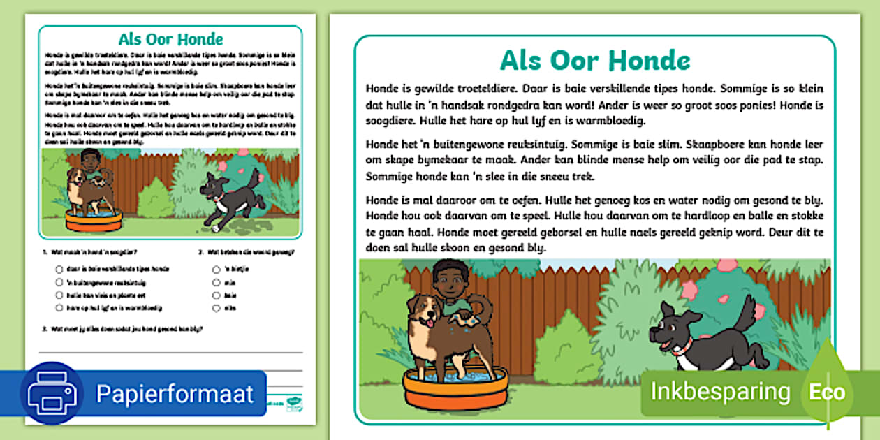 Als oor Honde Begripslees / Begripstoets Graad 2 - Twinkl