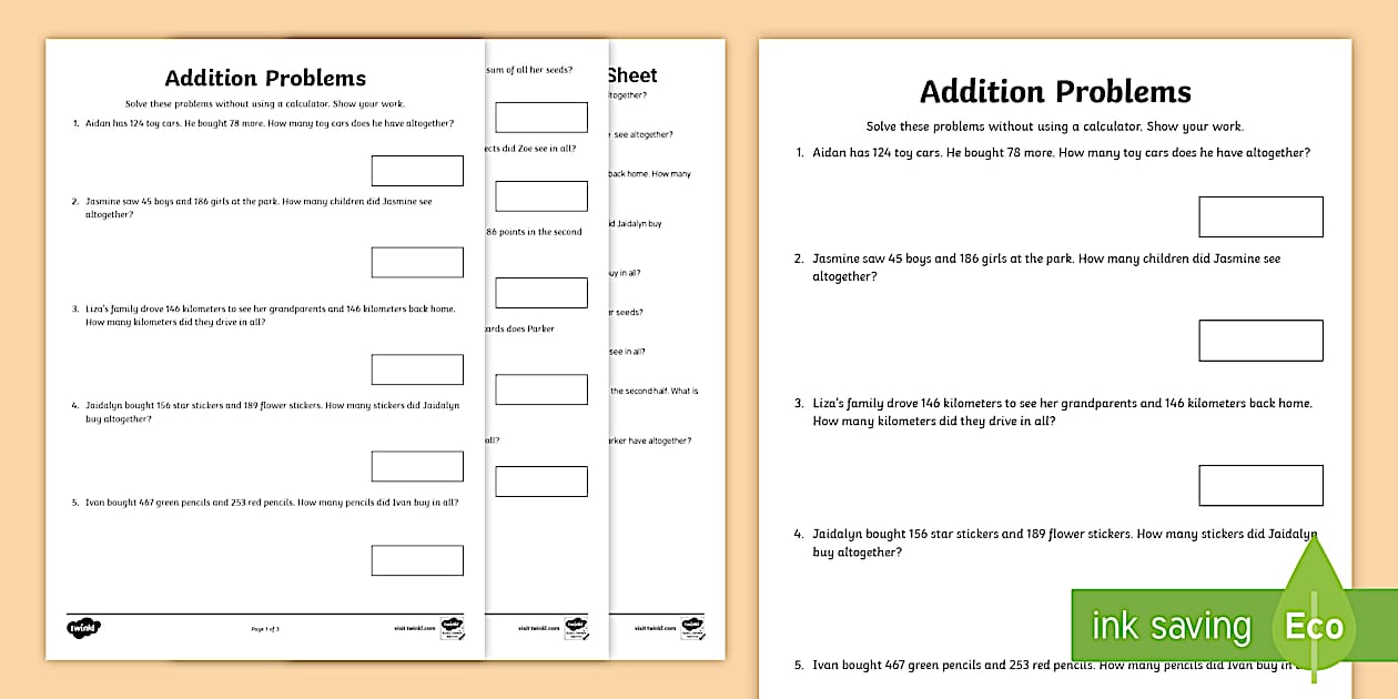 Editable Addition Word Problems Worksheet - Twinkl