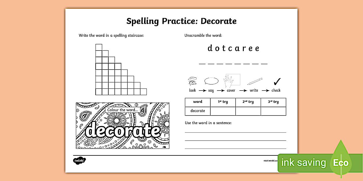 Decorate Spelling Practice Worksheet (teacher made) - Twinkl