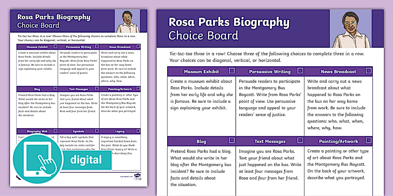 Rosa Parks Biography Digital Choice Board - Twinkl