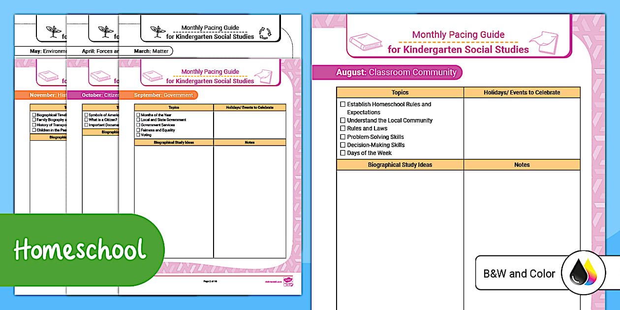 Monthly Pacing Guide for Homeschool Kindergarten Social Studies