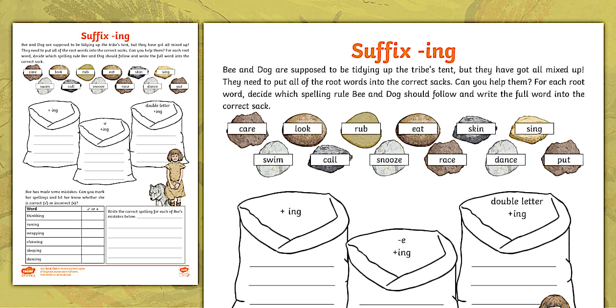 KS2 Stone Age Adding Suffix -ing Worksheet (teacher made)
