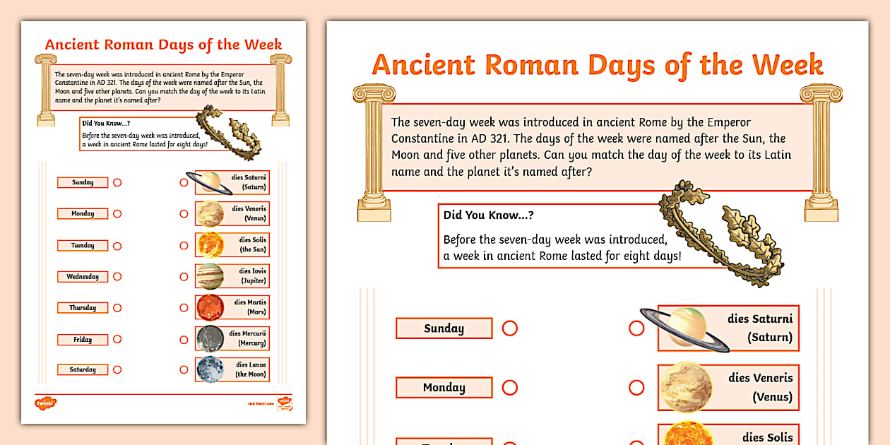 Ancient Roman Days of the Week Matching Activity - Twinkl