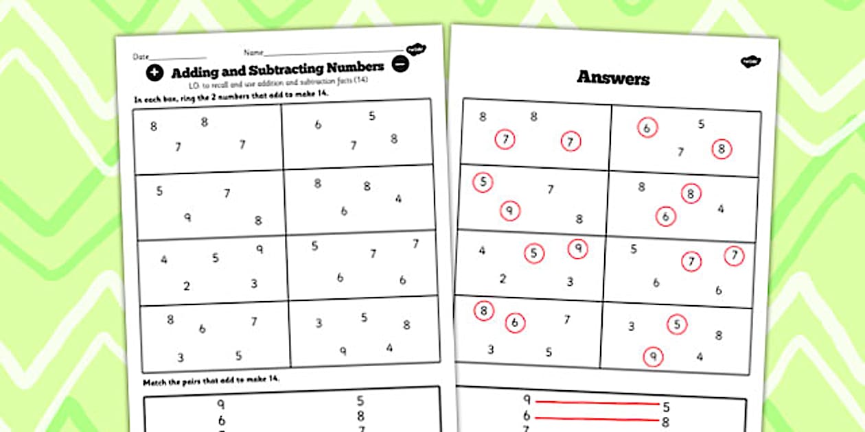 Number Facts to 20 Find Pairs to 14 Worksheet (teacher made)