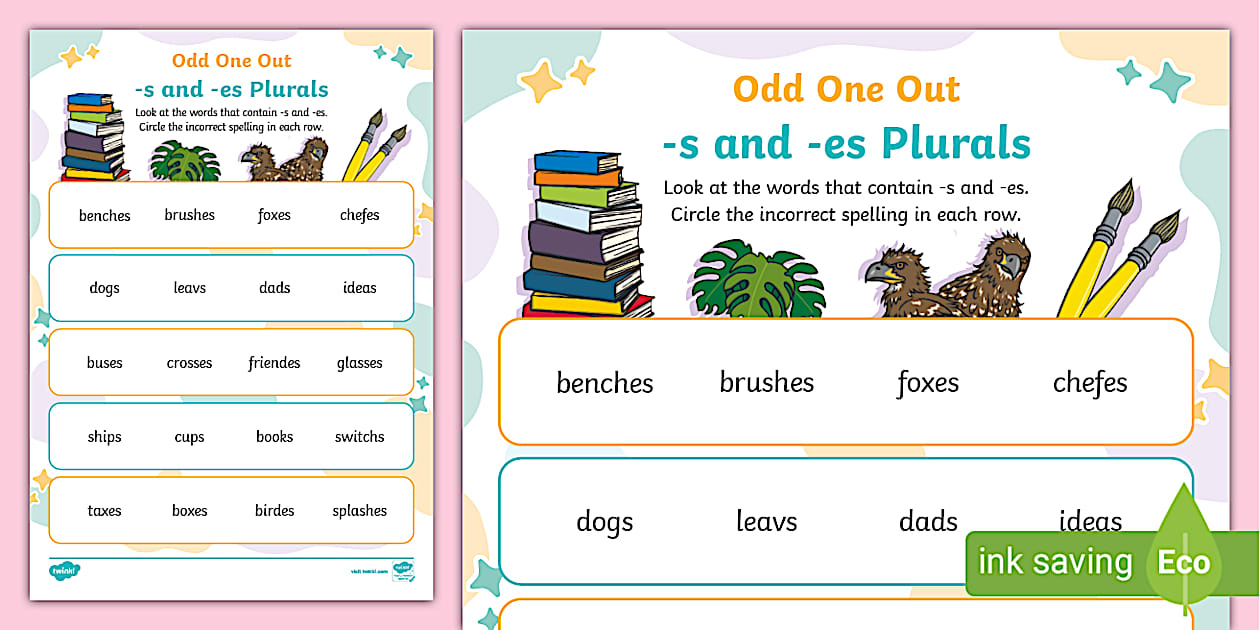 -s and -es Plurals Odd One Out Worksheet (teacher made)