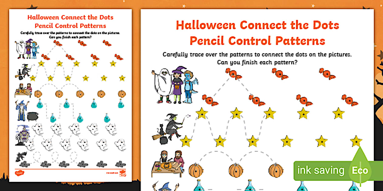 Halloween Connect the Dots Pencil Control Patterns Worksheet