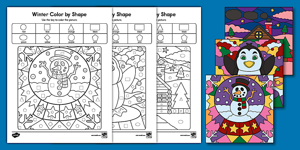 Kindergarten Winter Color by Shape Worksheet - Twinkl