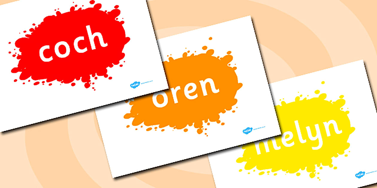 Welsh Colour Words on Splats (Teacher-Made) - Twinkl