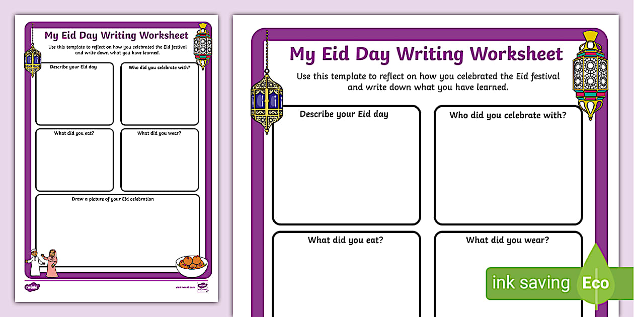 My Eid Day Writing Worksheet - Primary Resources - Twinkl