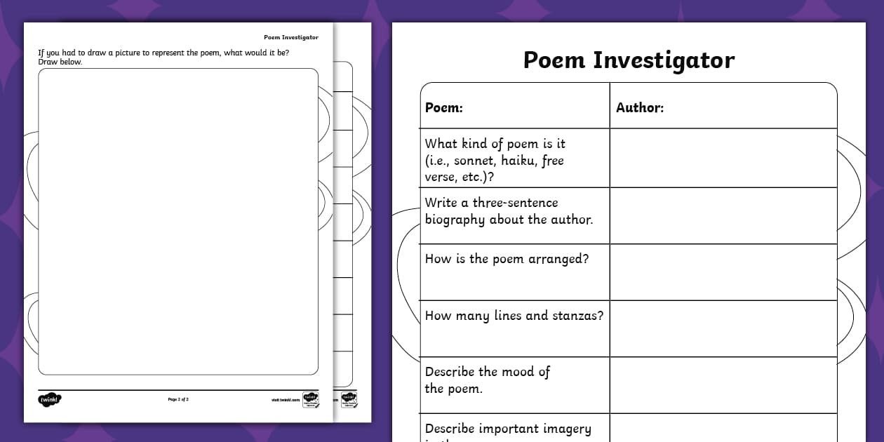 Poem Investigator Worksheet for 3rd-5th Grade - Twinkl