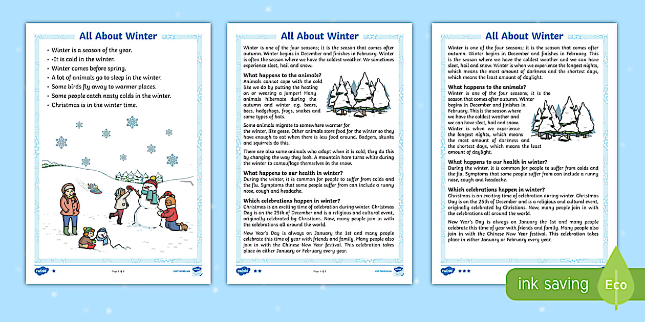Winter Reading Comprehension PDF | Differentiated Worksheets
