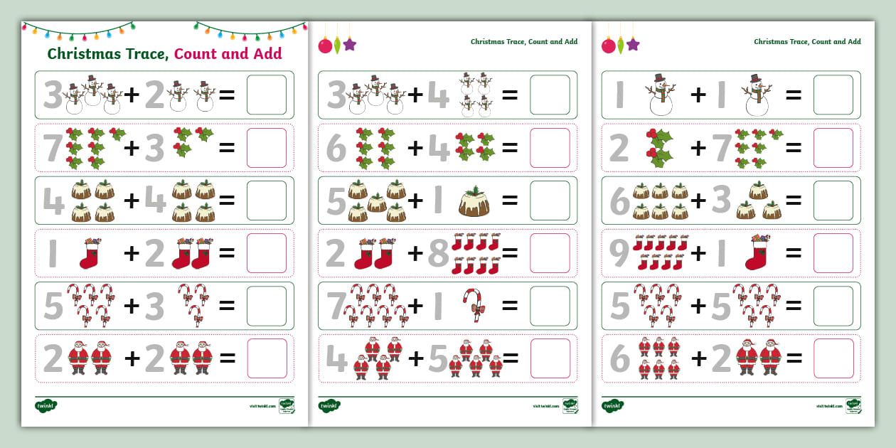 Christmas Trace Count and Add Worksheet (teacher made)