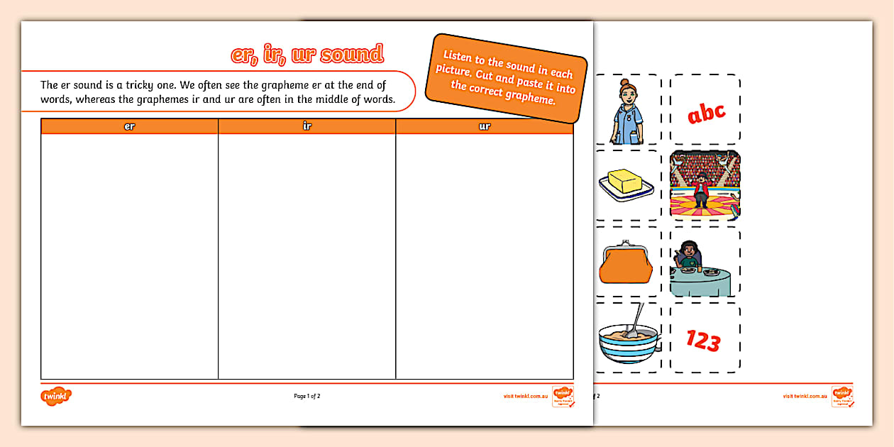 ir, ur, er Sound Sort Activity Sheet (teacher made) - Twinkl