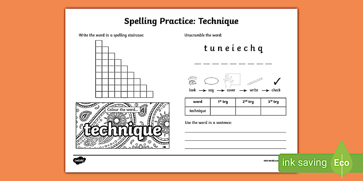 Technique Spelling Practice Worksheet (teacher made)