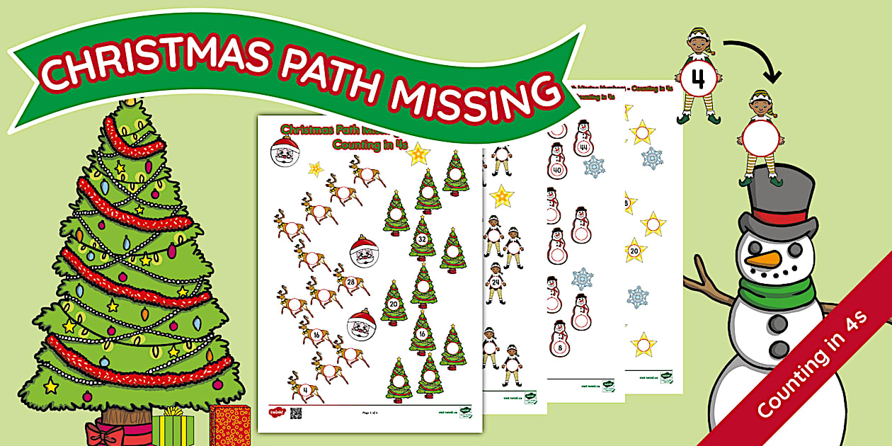 Christmas Path Missing Numbers Counting in 4s Worksheet