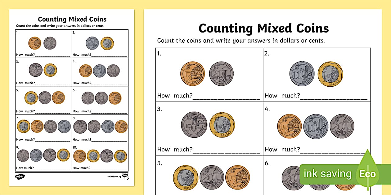 *Singapore Coins Counting Mixed Coins Worksheets*