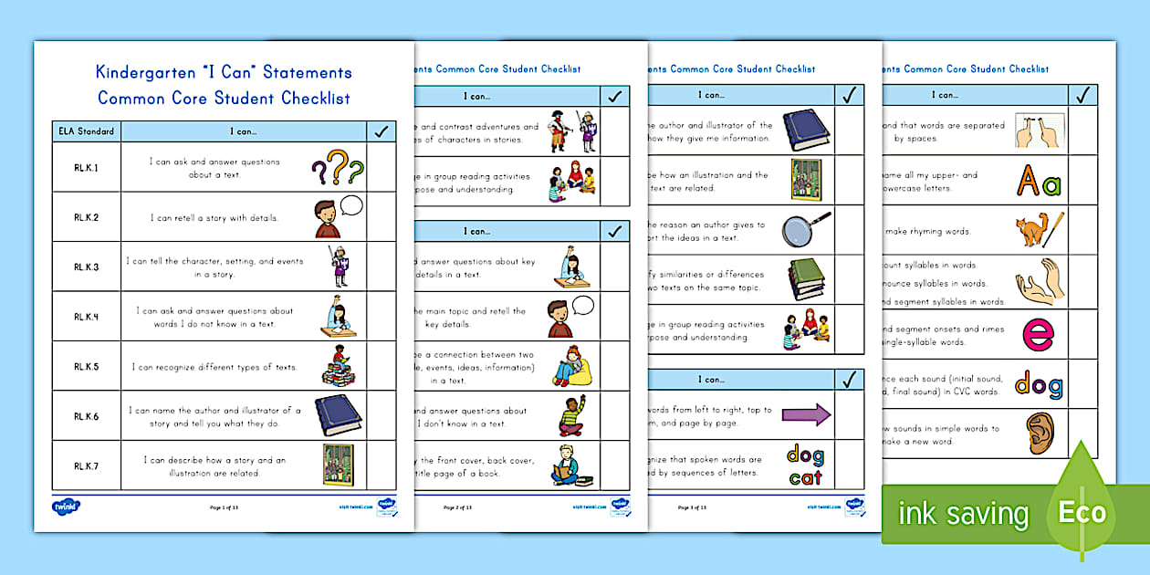 Kindergarten Common Core Standards Student Checklist