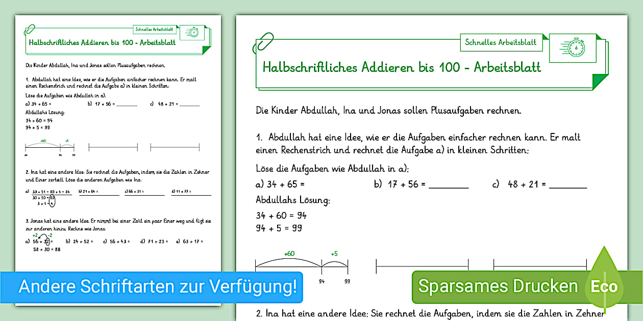 Halbschriftliches Addieren bis 100 - Arbeitsblatt - Twinkl