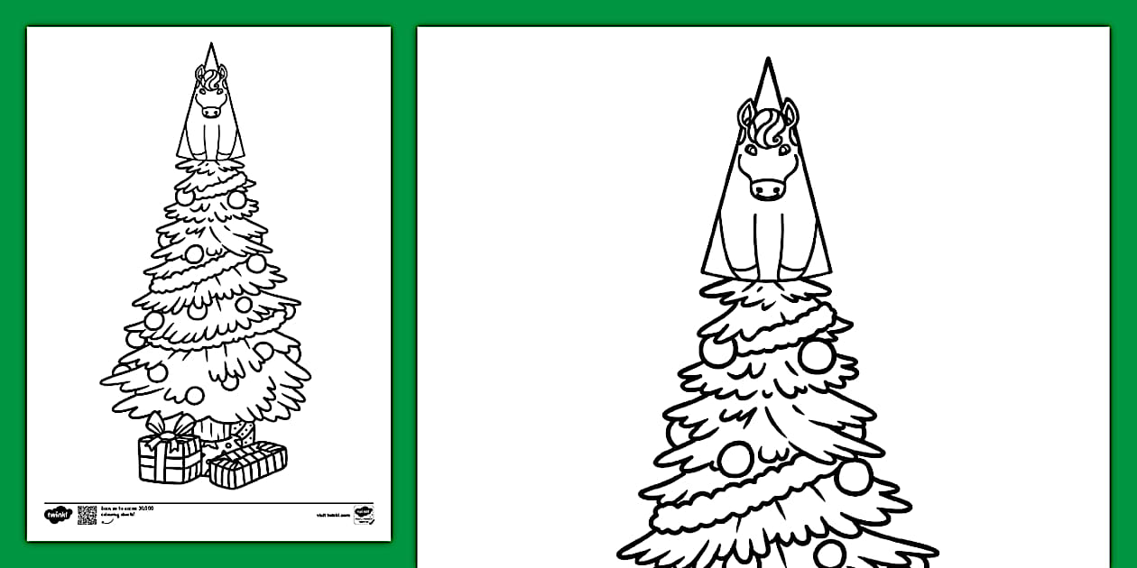 Unicorn Topper on Christmas Tree Colouring Page - Twinkl