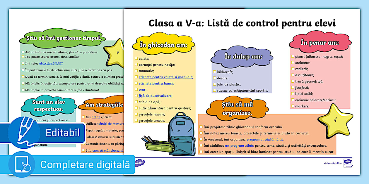 Clasa a V-a – Listă de control pentru elevi - Twinkl