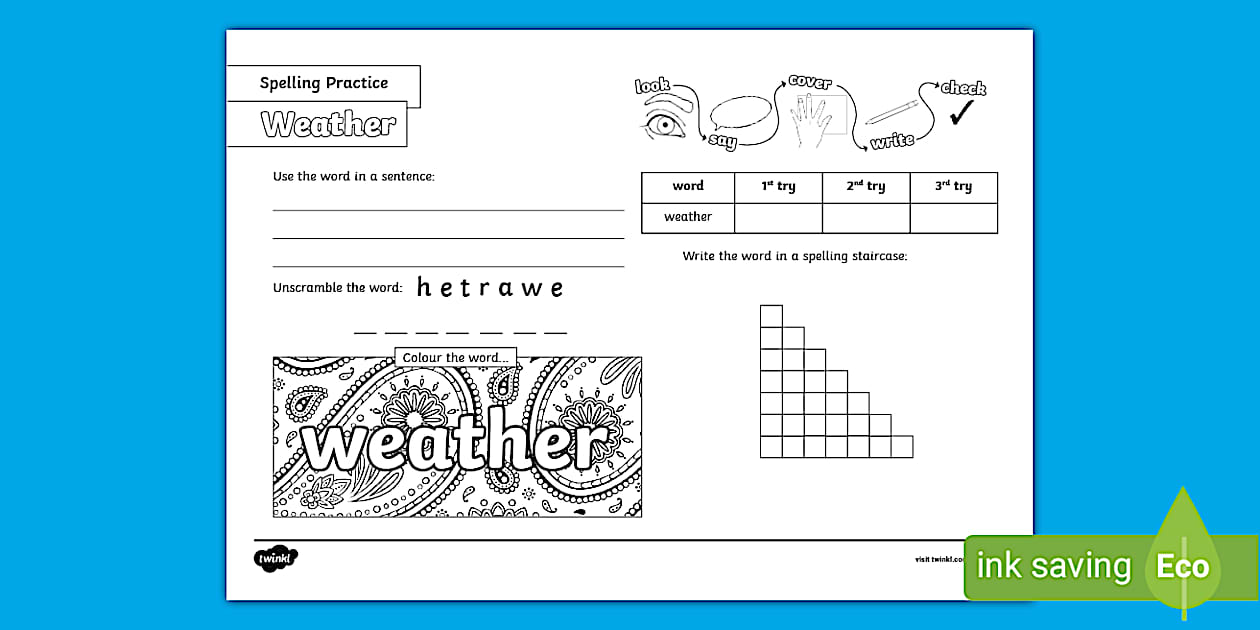 Weather Spelling Practice Worksheet (teacher made) - Twinkl