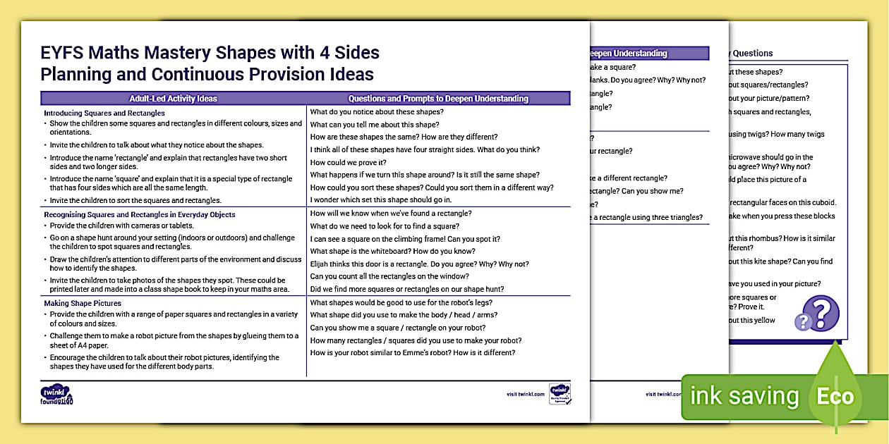Shapes with 4 Sides Planning and Continuous Provision Ideas