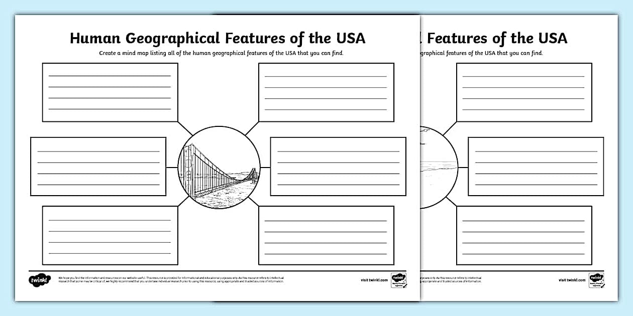 Human and Physical Geographical Features of the USA Mind Maps